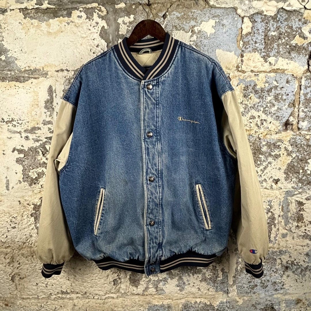 Vintage Champion Denim Bomber Jacket Mens Varsity College Style Coat XL ...