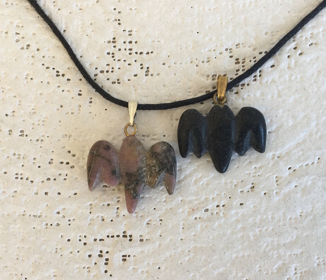 Bat Shape Gemstone Pendant, Carved Stone Necklace on Adjustable Cord ...