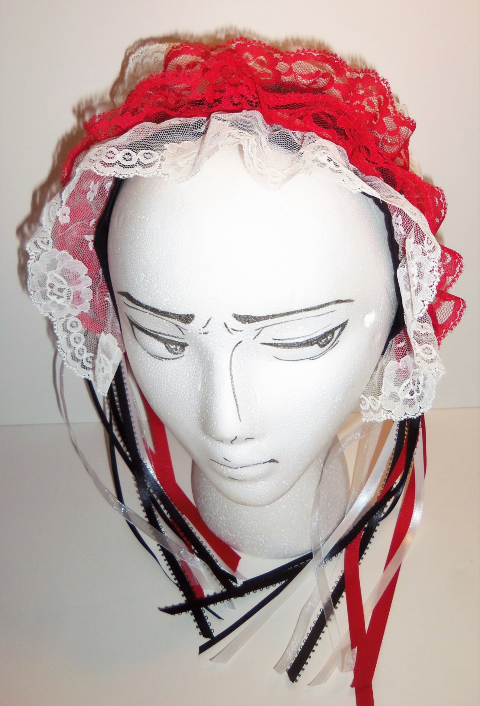 Lolita Maid Lace Headband in Black White and Red With Ribbons - Etsy