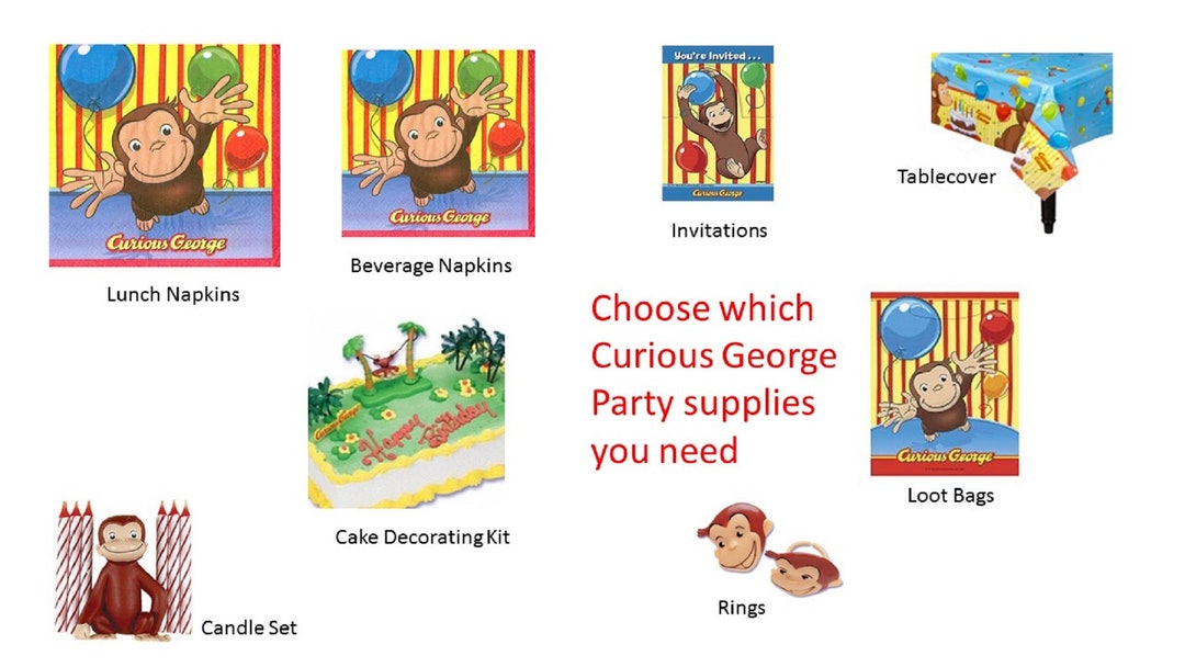 Curious George Rings Plates Napkins Cups Stickers Loot Bags Tablecover ...