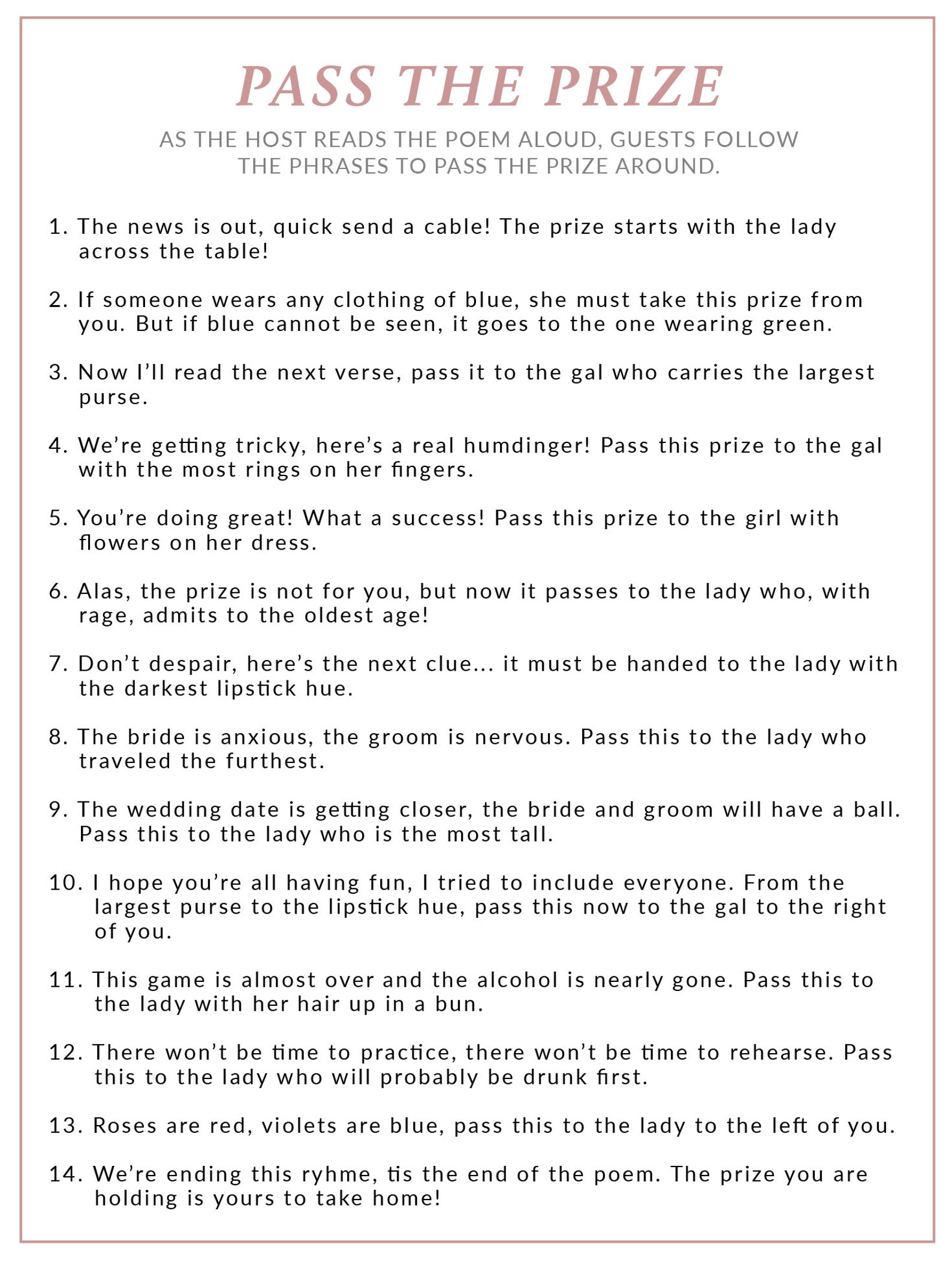 Pass the Prize Game, Bachelorette Party Games, Printable Wedding Games ...