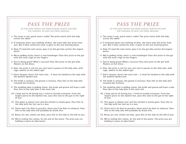 Pass the Prize Game, Bachelorette Party Games, Printable Wedding Games ...