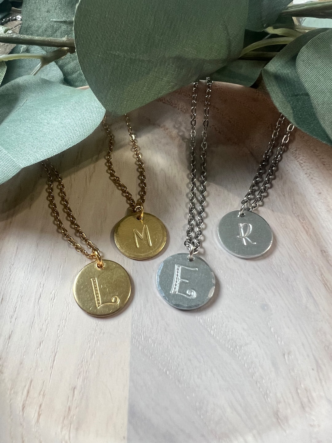 One Initial Simple Monogrammed Small Round Stamped Necklace. Silver and ...