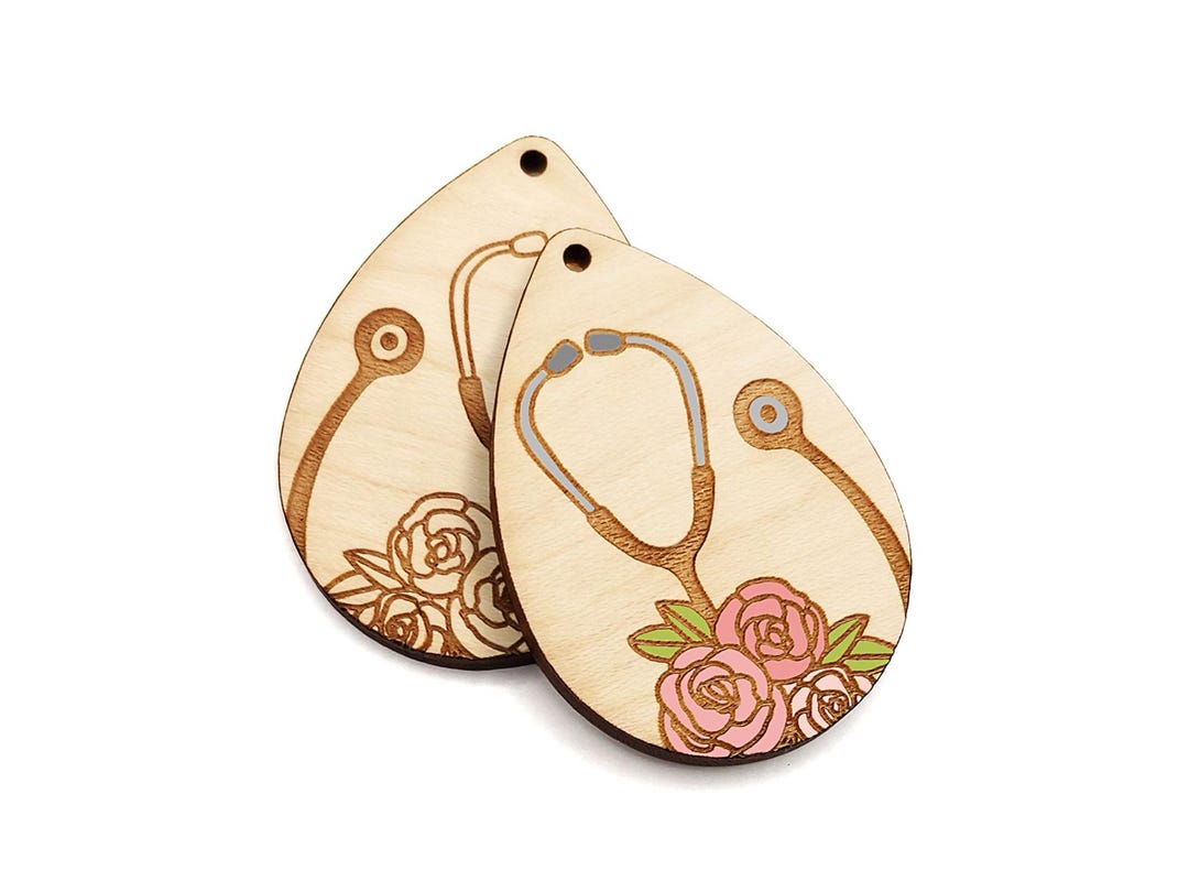 Floral Stethoscope Engraved Teardrop Wood Jewelry Charm Blanks, Wood ...