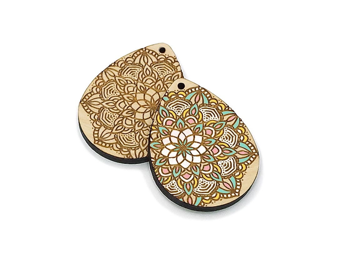 Mandala Teardrop Wood Jewelry Charm Blanks, Engraved Wood Cutouts for ...