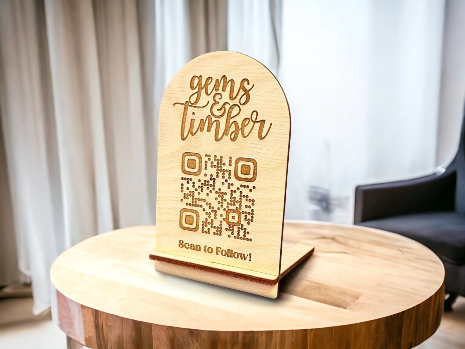 Custom QR Code Engraved Wood Arch Tabletop Sign, Social Media Sharing ...