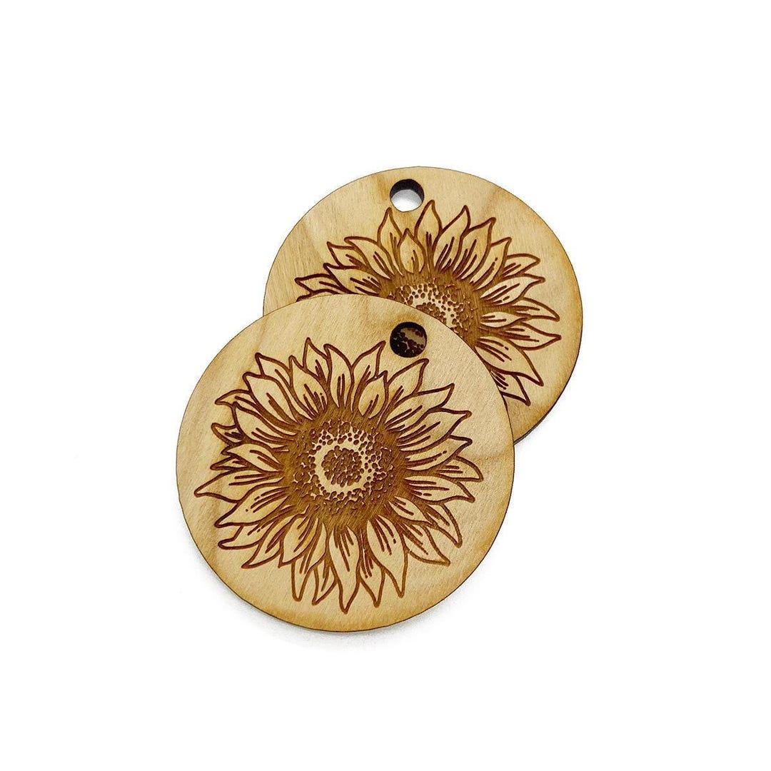 Sunflower Drawing Engraved Round Wood Keychain Charm Blanks, Car Charm ...