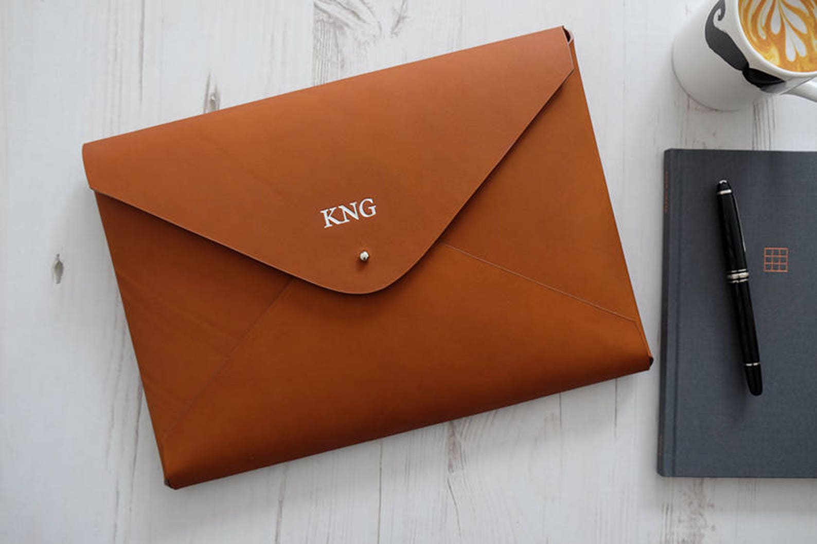 A4 MONOGRAM Leather Document Holder - Tan - Etsy UK
