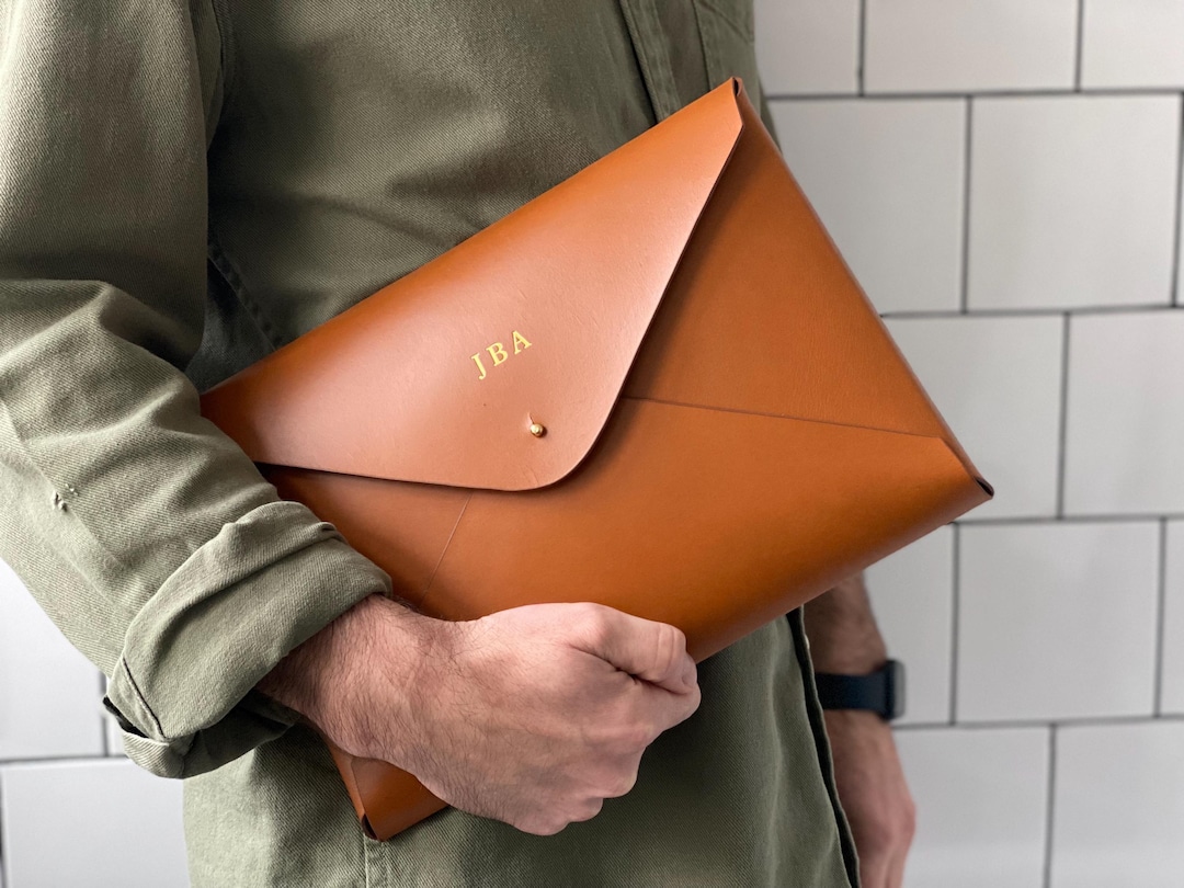 A4 MONOGRAM Leather Document Holder - Tan - Etsy UK