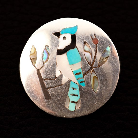 Vintage Zuni Blue Jay Turquoise Inlay Sterling Silver… - Gem