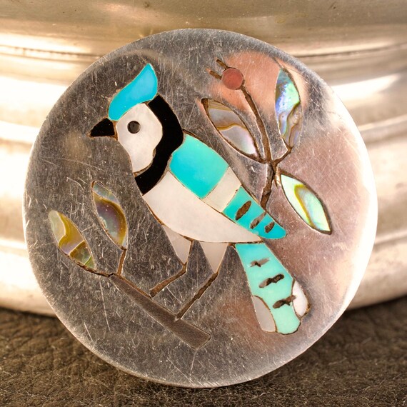 Vintage Zuni Blue Jay Turquoise Inlay Sterling Silver… - Gem