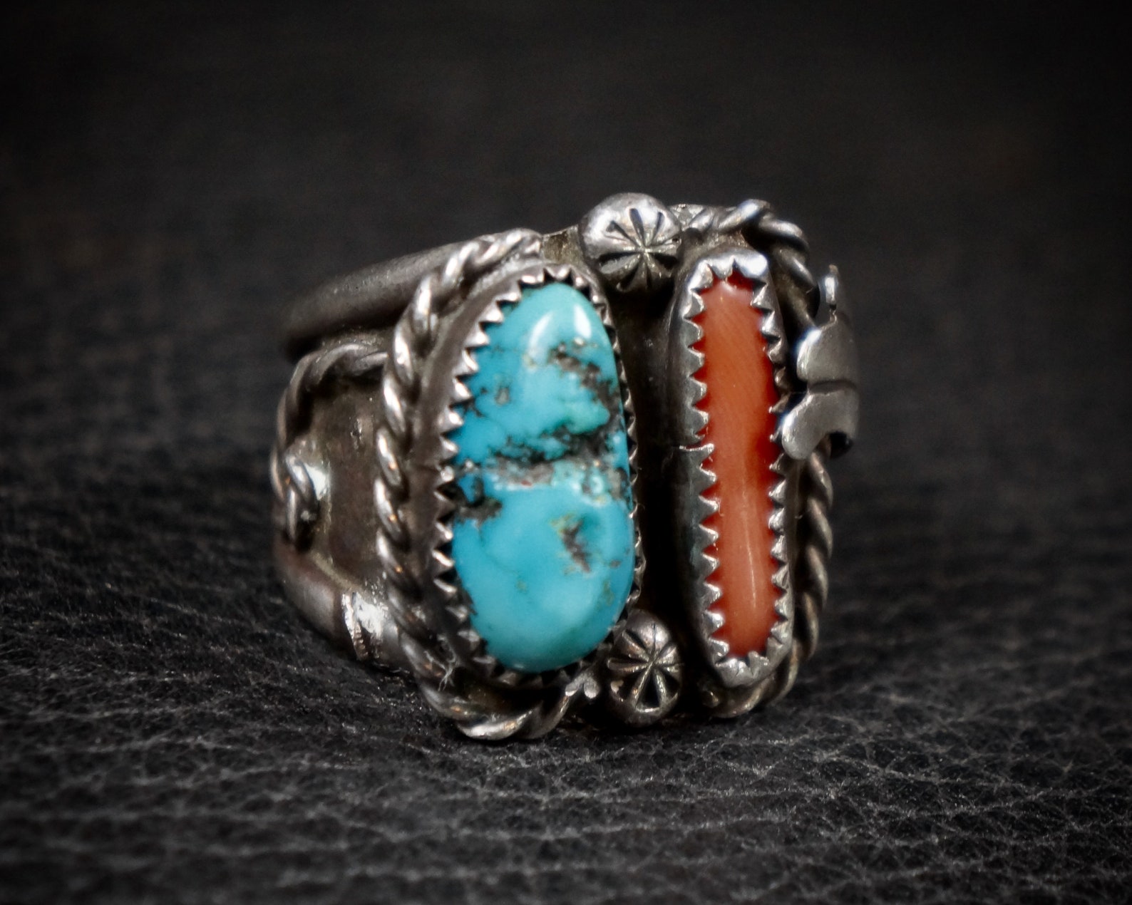 Old Pawn Navajo Turquoise & Coral Silver Ring Size 10.5 | Etsy