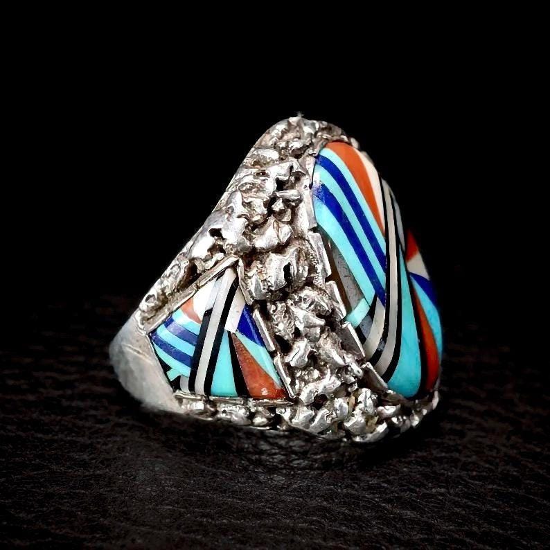Vintage Native American Zuni Turquoise Inlay Sterling Silver Ring - by ...