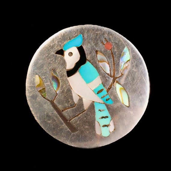 Vintage Zuni Blue Jay Turquoise Inlay Sterling Silver… - Gem