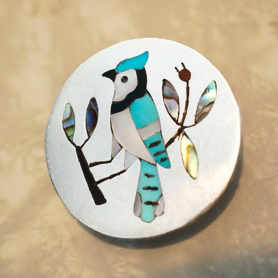 Vintage Zuni Blue Jay Turquoise Inlay Sterling Silver… - Gem