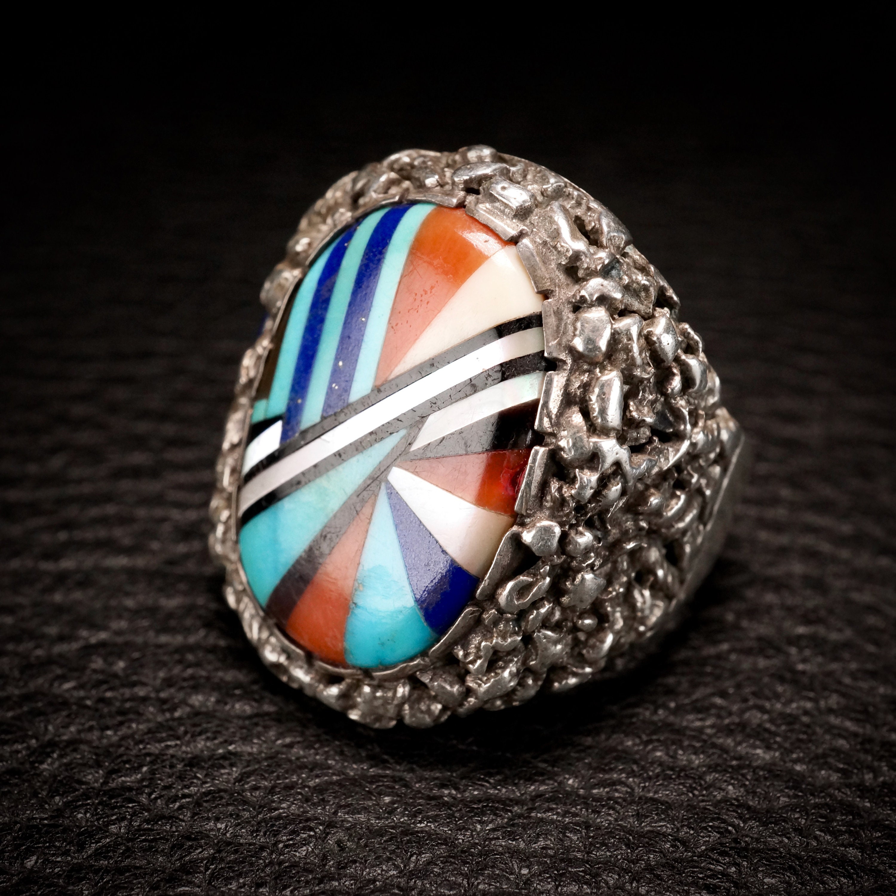 Vintage Native American Zuni Turquoise Inlay Sterling Silver Ring - by ...