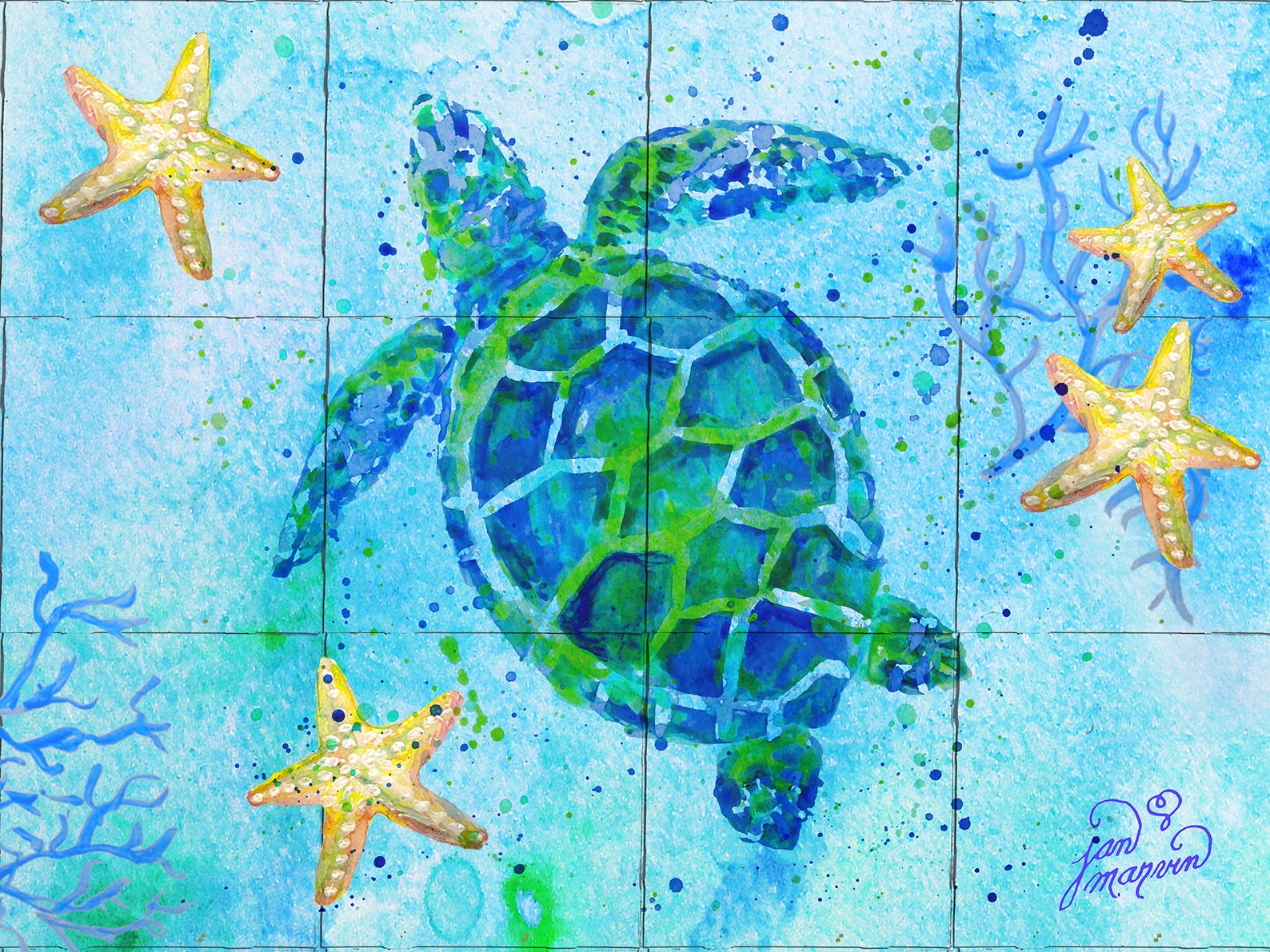 Turtle With Starfish Tile Mural, High Quality (won't Fade), Indoor or ...