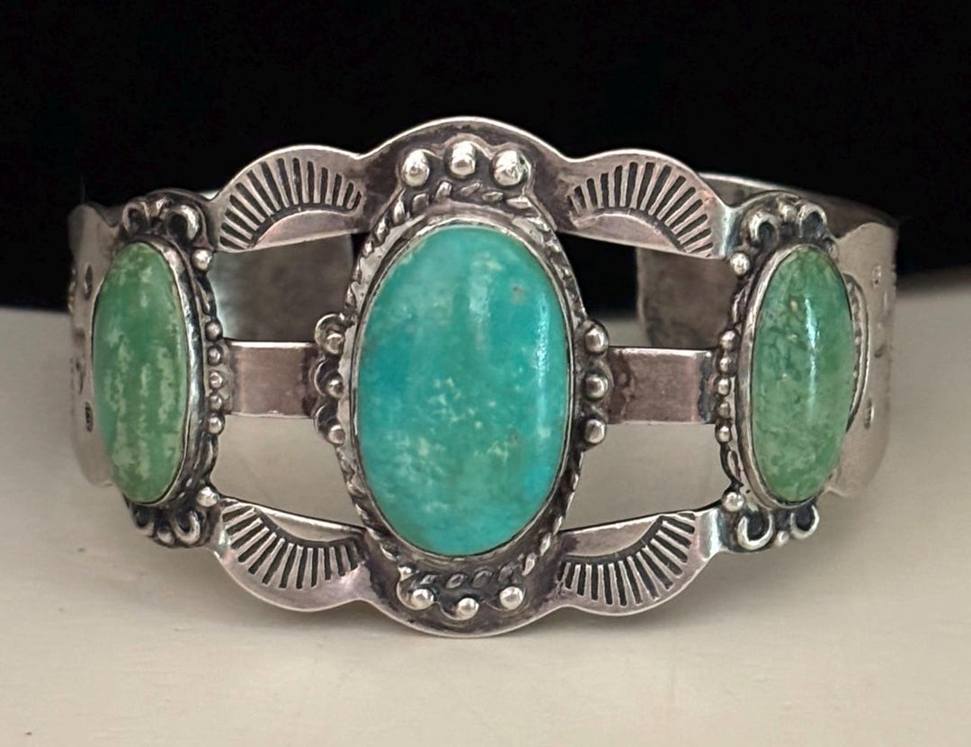 Large Vintage Old Pawn Navajo Turquoise Sterling Silver Cuff Bracelet ...