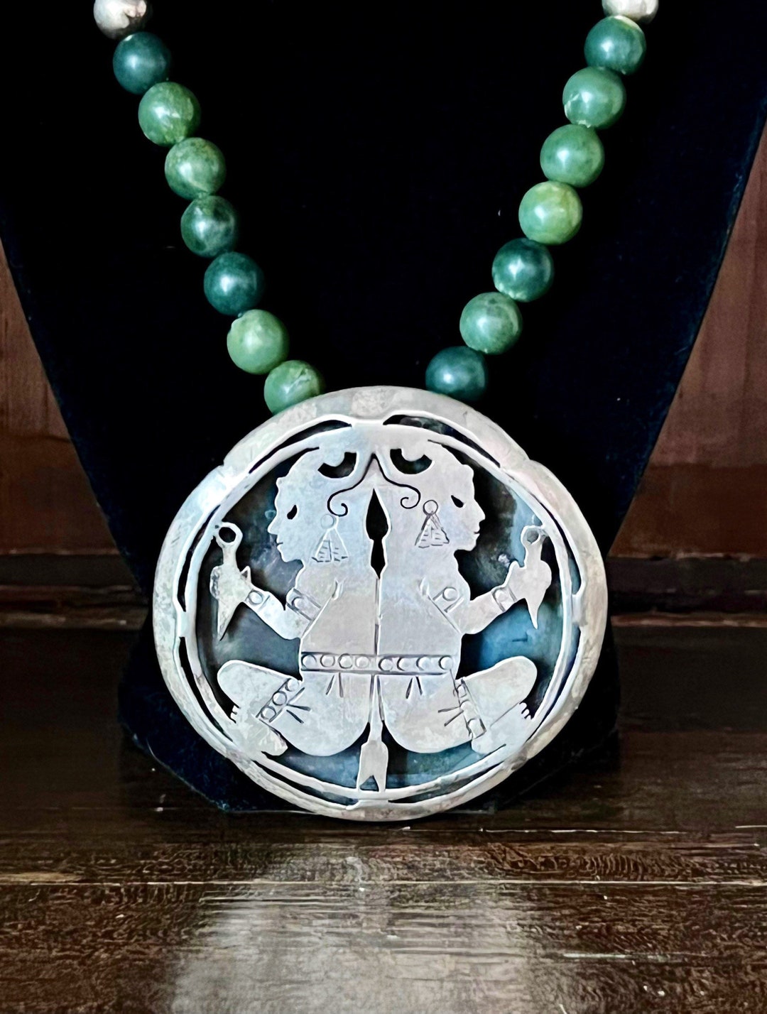 LARGE Rare Antique Mexican Sterling Silver Jade Beaded Pendant Mayan ...
