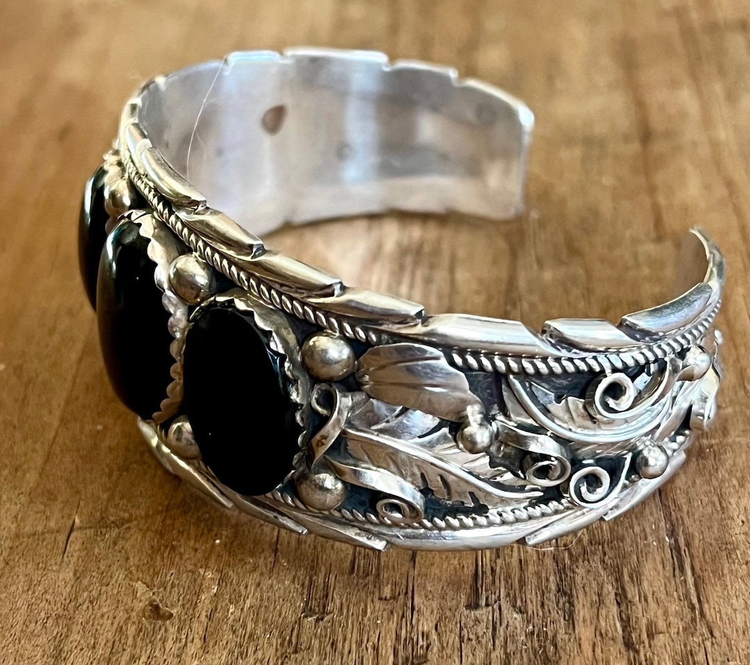 Large Heavy Vintage JOE TOM Navajo Sterling Silver Black Onyx Intricate ...