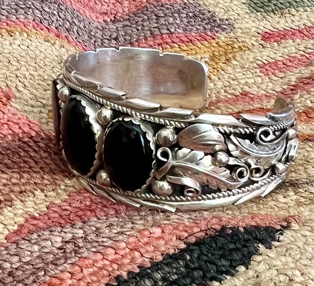 Large Heavy Vintage JOE TOM Navajo Sterling Silver Black Onyx Intricate ...