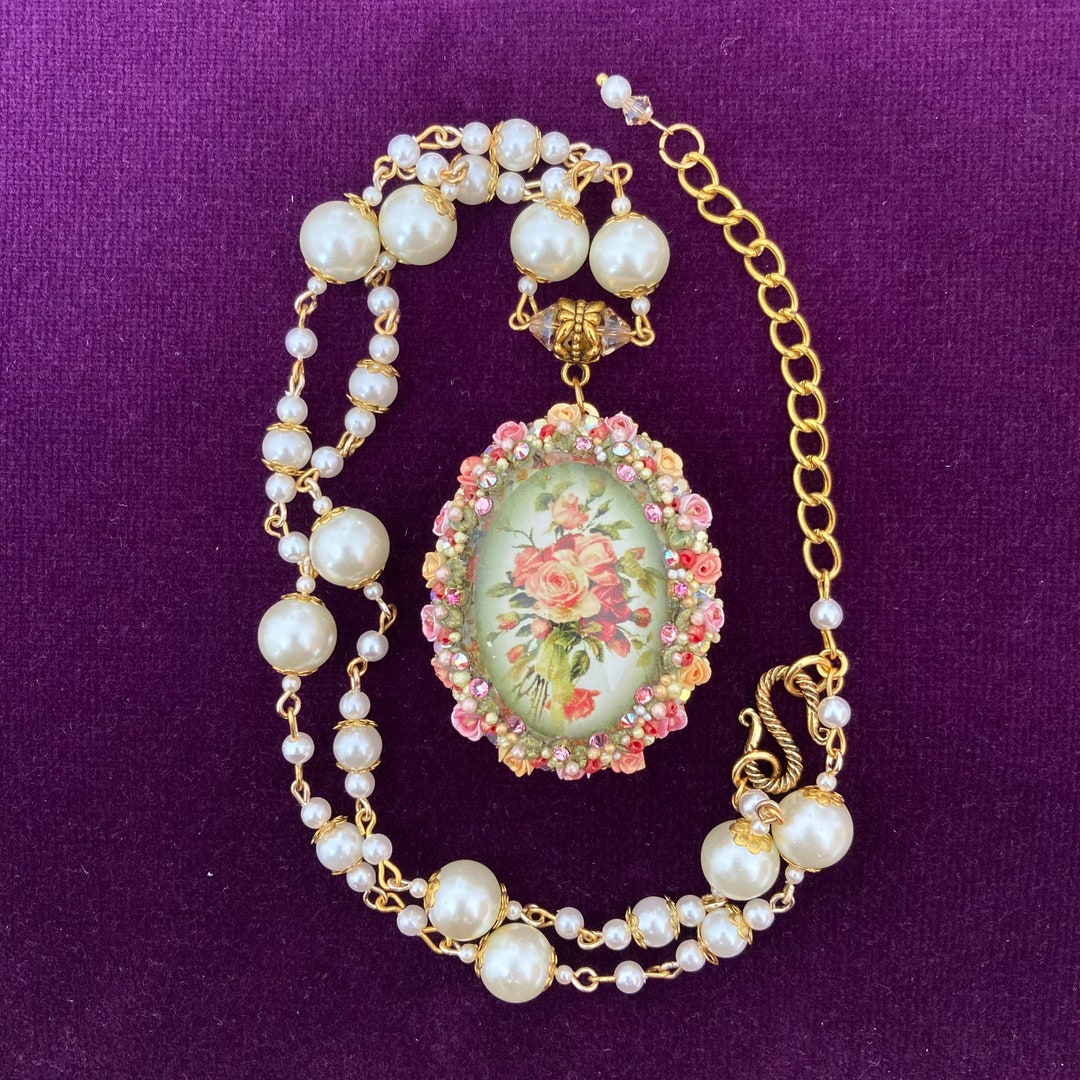 Rose Oval Locket With Pearled Chain. - Etsy