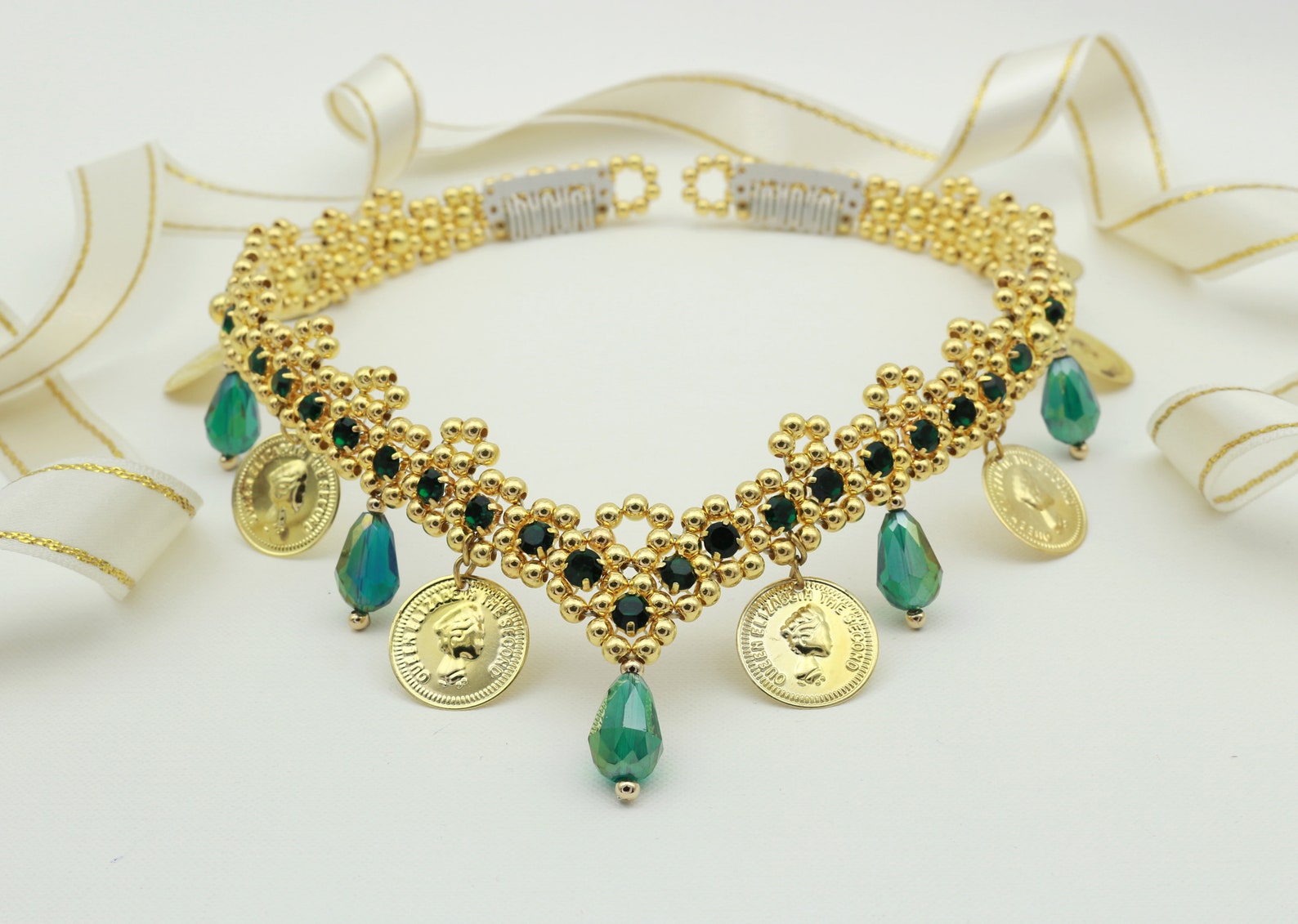 Gipsy Forehead Tiara for Esmeralda Emerald Green Gold Monist - Etsy