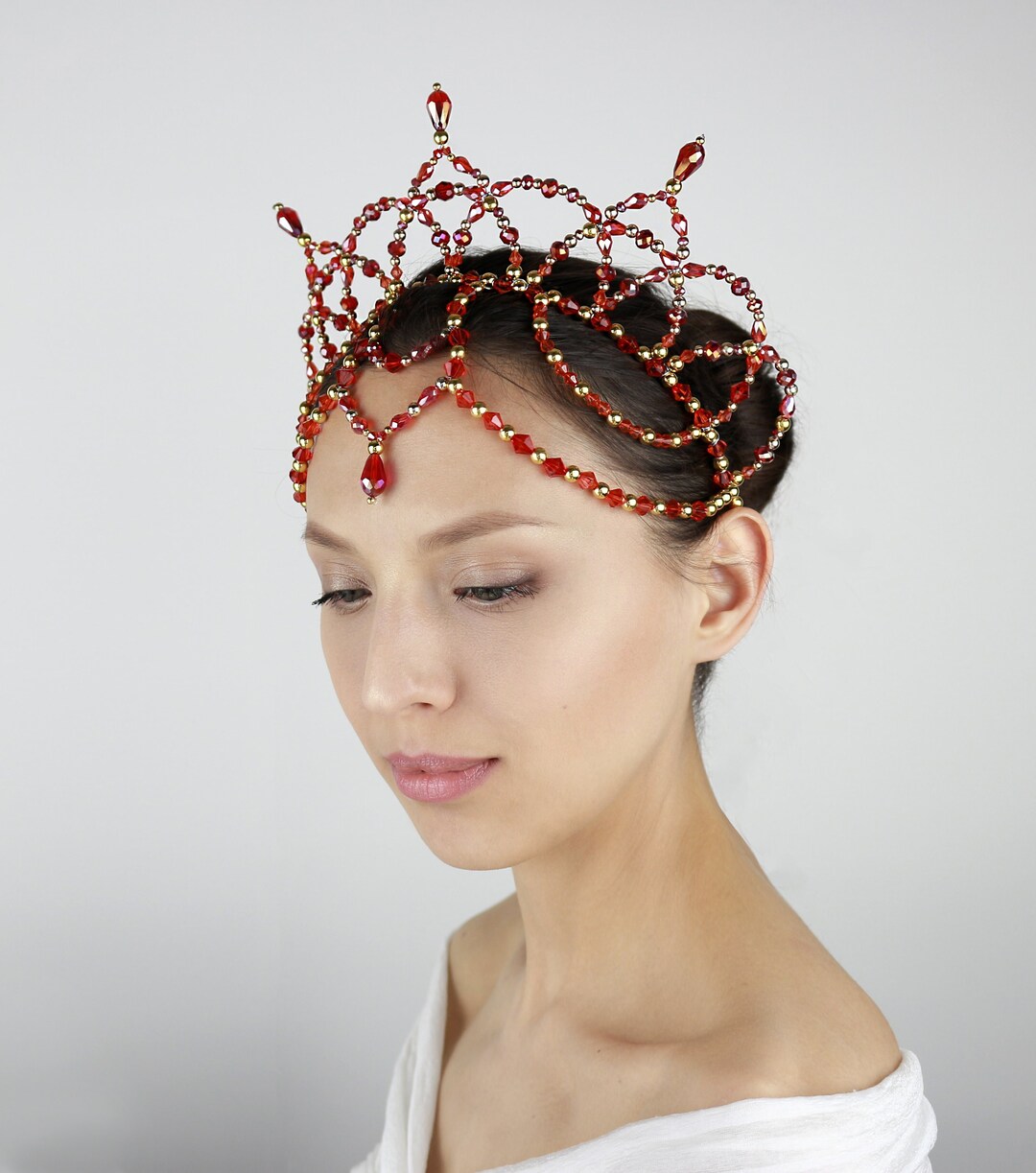 Ballerina Crown, Diadema for Performance, Red Crystals Gold Headpiece ...