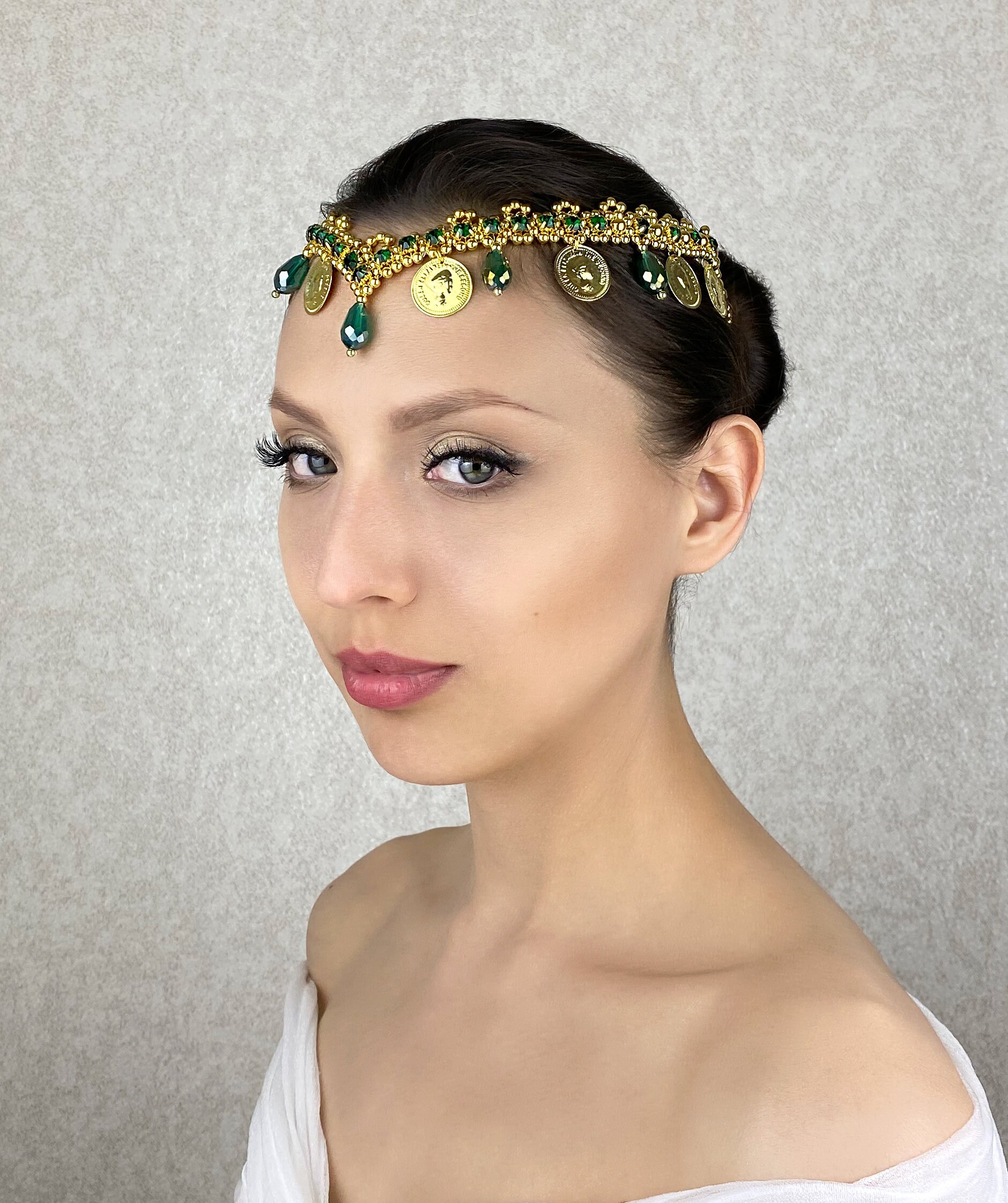 Esmeralda Gipsy Forehead Tiara, Emerald Green, Gold Monist Coins Dancer Headpiece, Ballerina ...