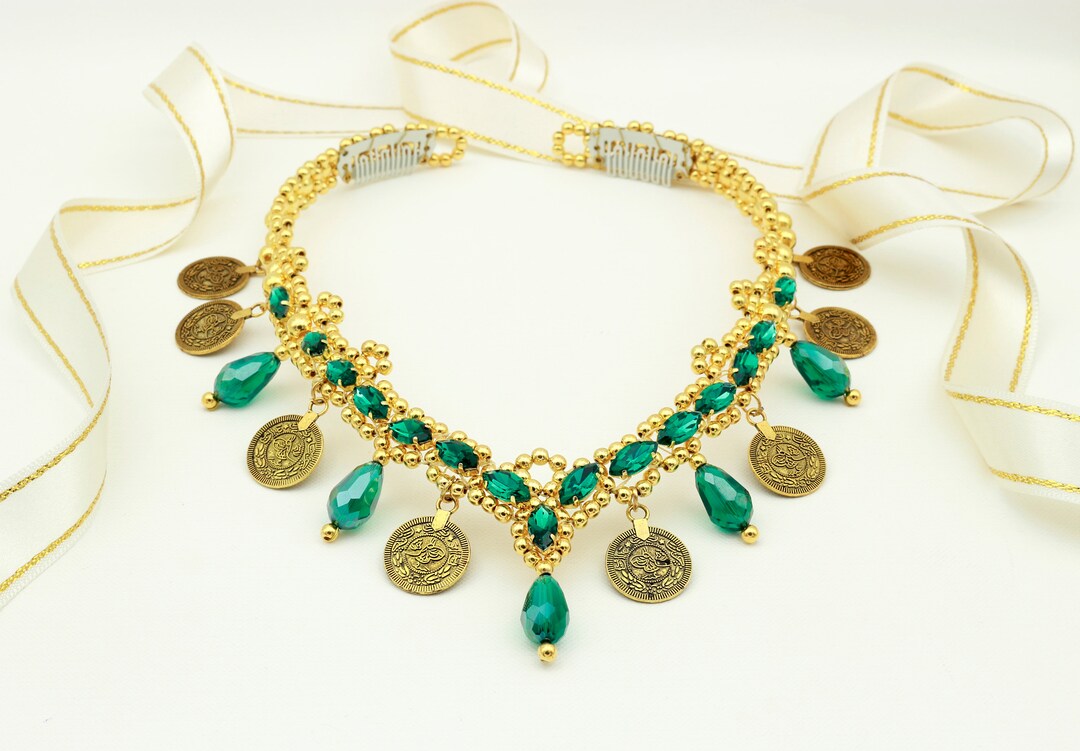 Gipsy Forehead Tiara for Esmeralda, Emerald Green, Bronze Monist Coins ...