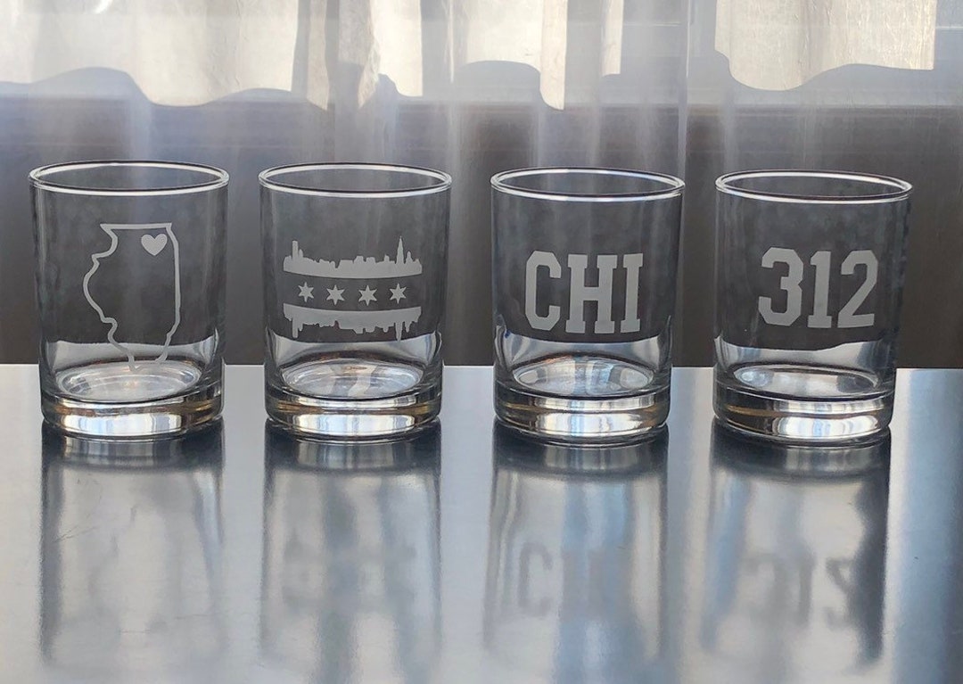 Chicago Etched Glass Gift Set- 4 Double Rocks Glasses - Chicago ...