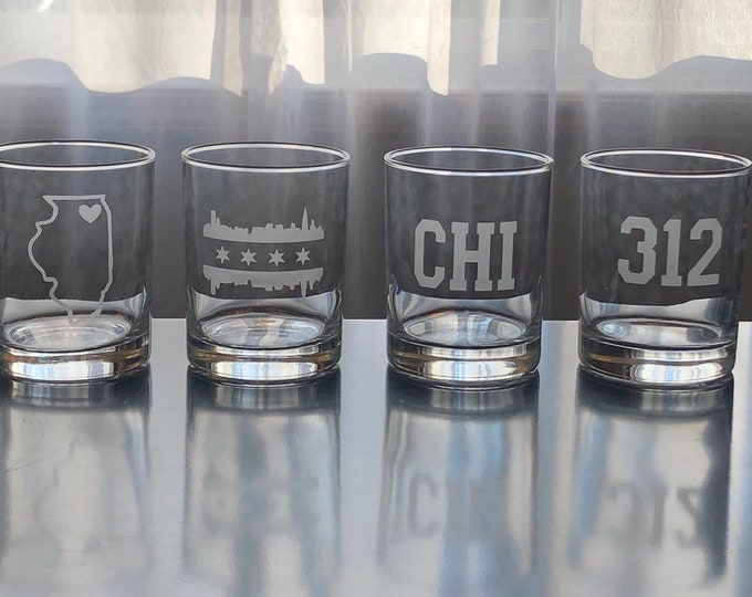 Chicago Etched Glass Gift Set 4 Double Rocks Glasses Chicago Barware ...