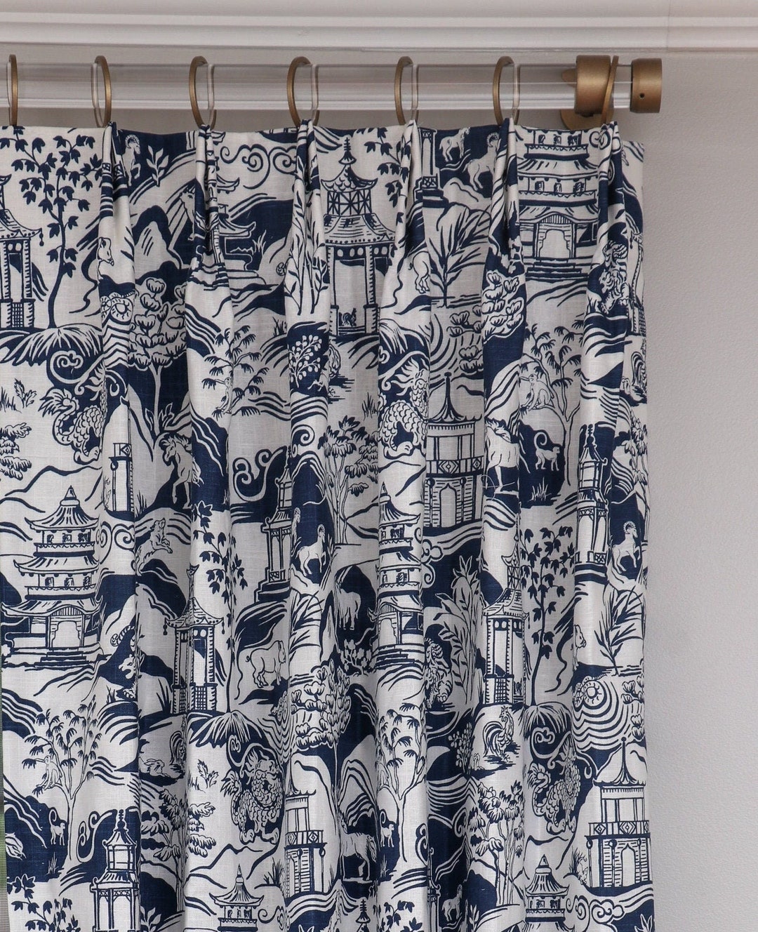 Blue Toile Chinoiserie Drapery Panels - Pinch Pleat Curtains - Toile ...