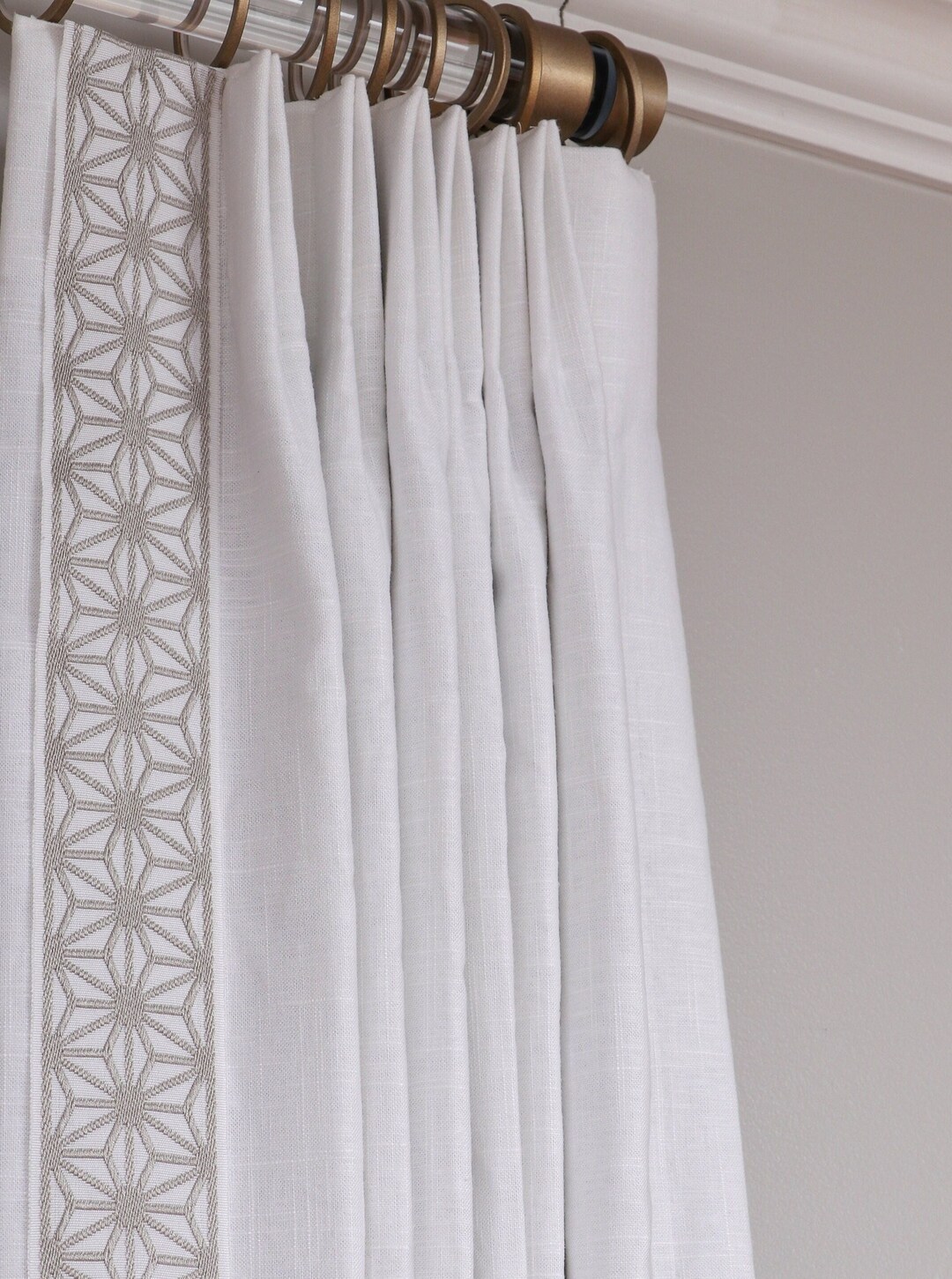 Geometric "embroidery Star" 3-inch Trim on White Linen Drapes - Curtain ...