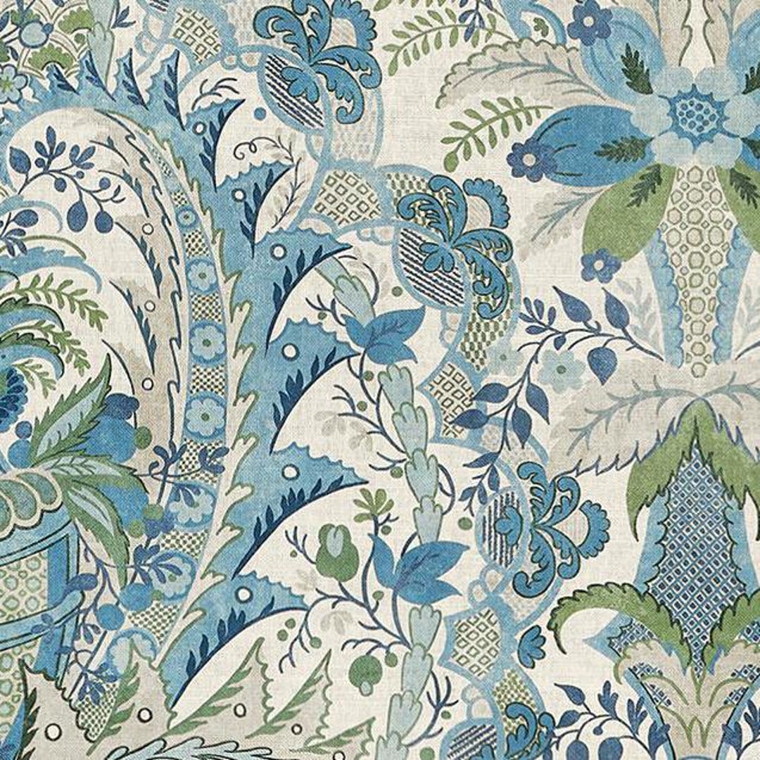 Thibaut Narbeth Floral Drapery Panel: Blue & Green Large Print Curtain ...