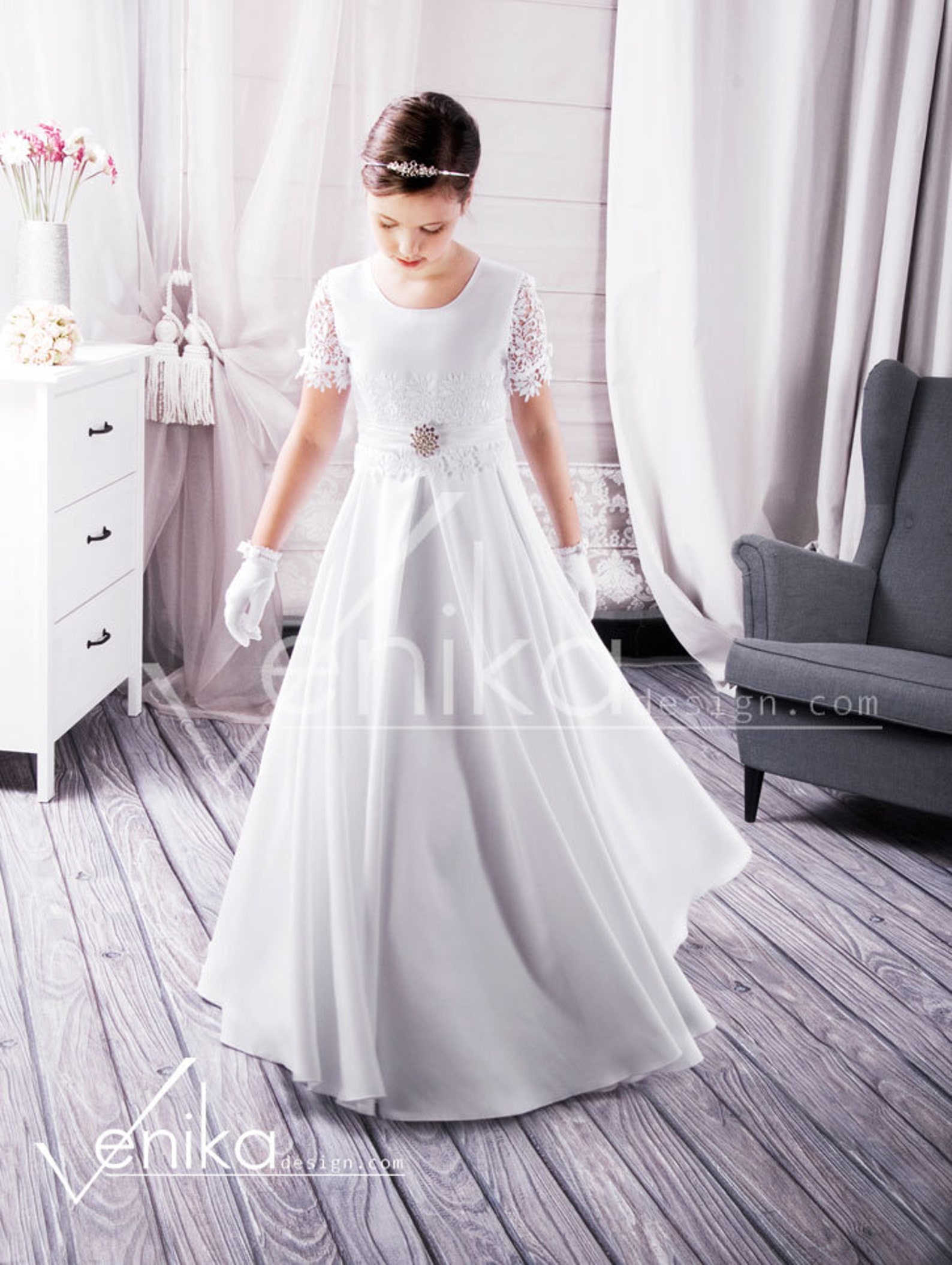 Delicate and Simple Communion Dress in White or Ivory With Beautiful ...