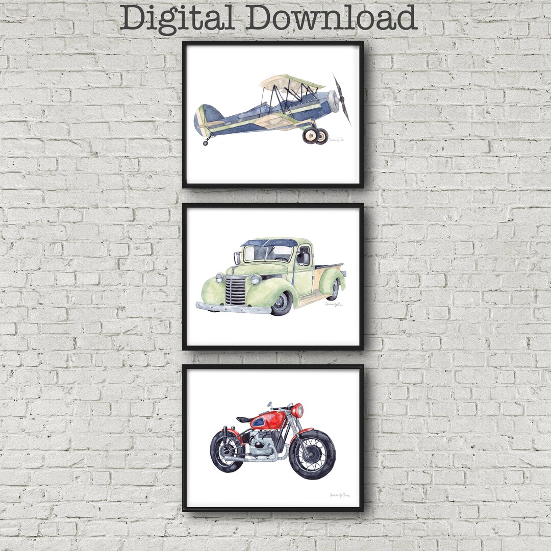 Printable Set of Transportation Paintings | Watercolor Vintage Car ...