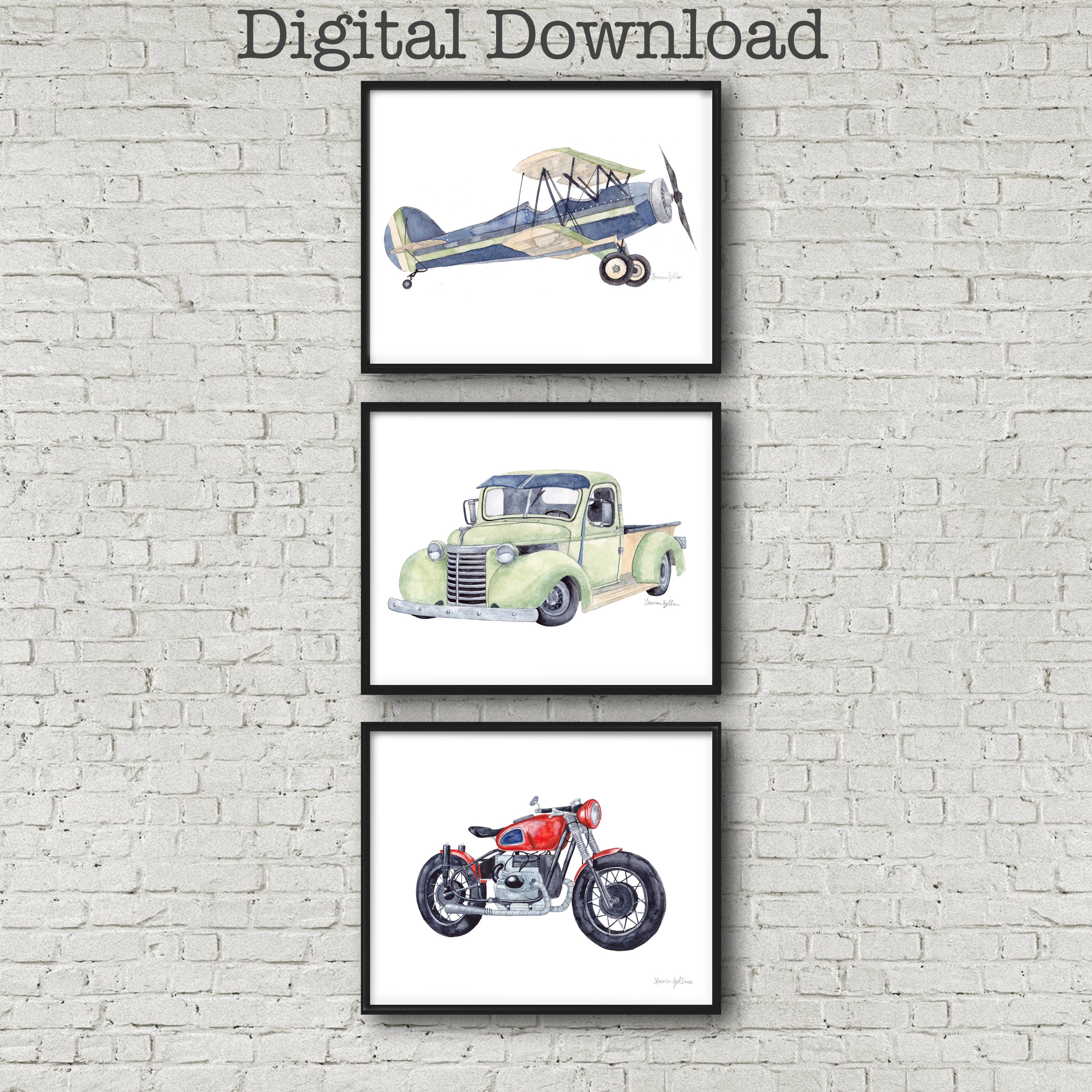 Printable Set of Transportation Paintings | Watercolor Vintage Car ...