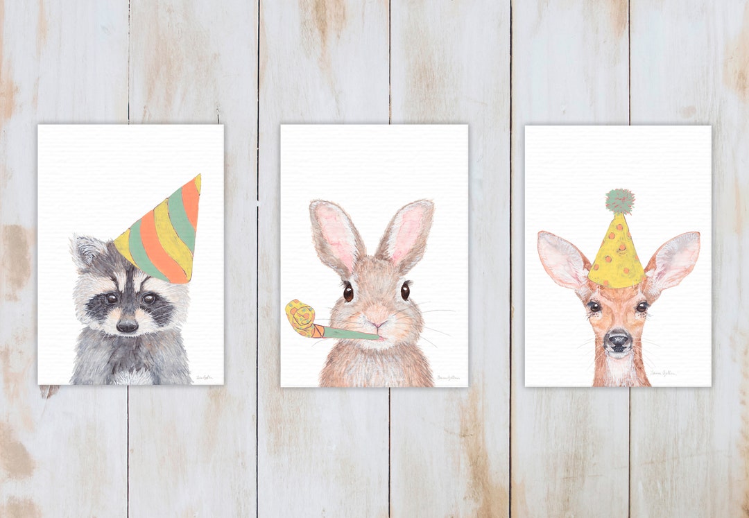 Set of 3 Woodland Animal Birthday Cards, Watercolor Fawn, Raccoon and ...