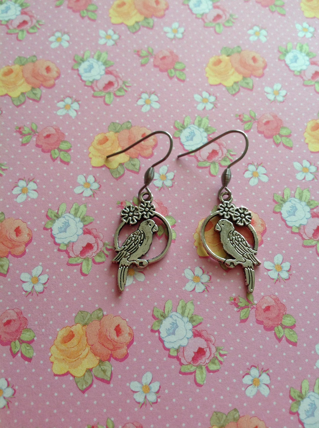 Bird Earrings Bird Jewellery Parakeet Earrings Bird and Flowers ...