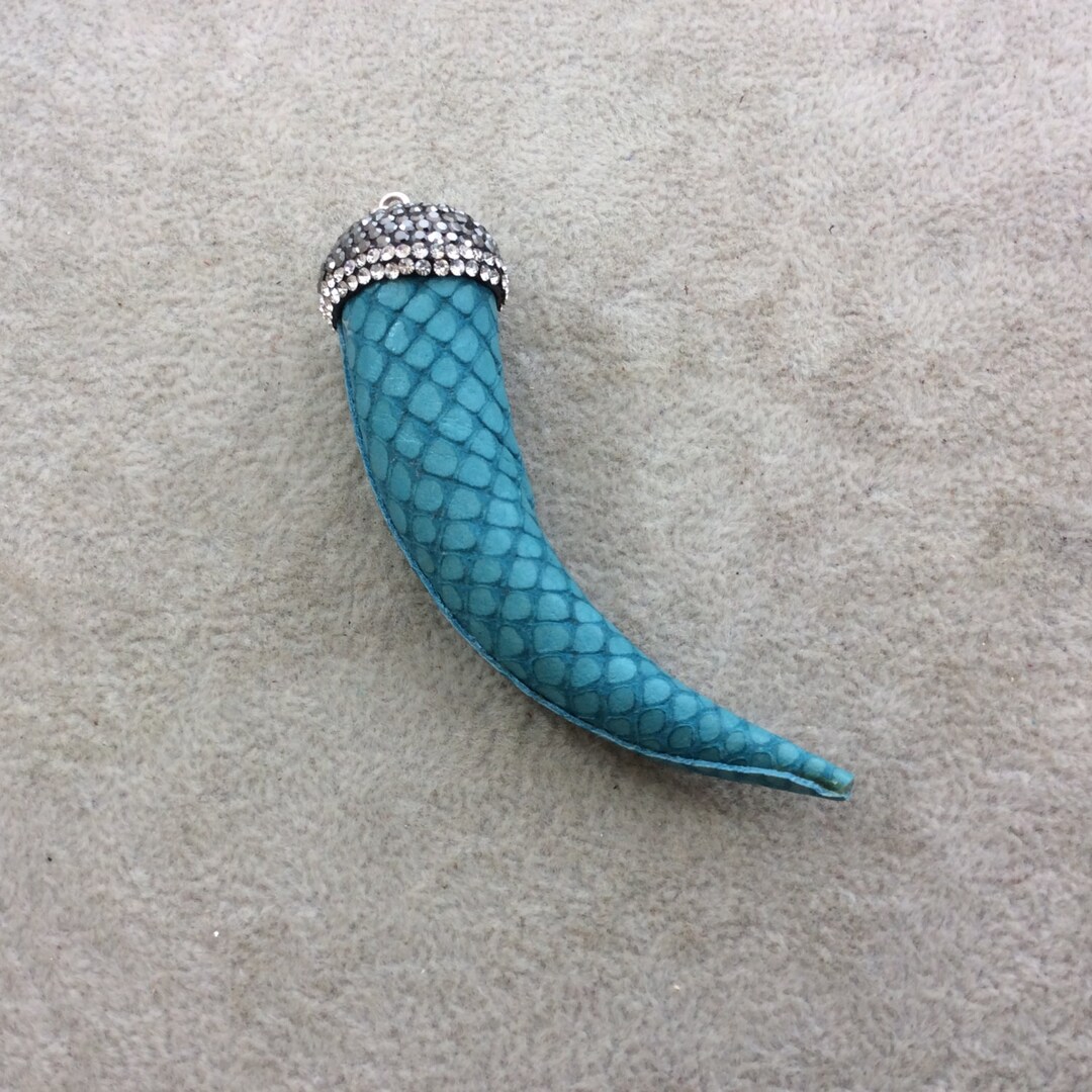 Teal Snakeskin Faux Leather Tusk Pendant: Rhinestone Silver Bail (3 ...