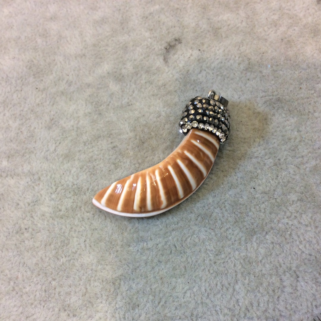 Pave Rhinestone Encrusted Curved Tusk Shaped Shell Pendant With Gray ...