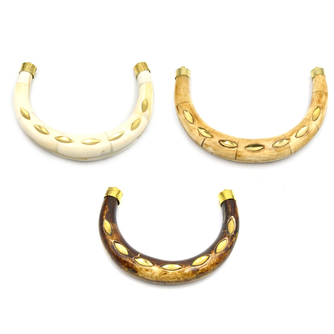 Bone Crescent | Extra Large U-shaped Gold Marquise Inlay Pendant | Ox ...