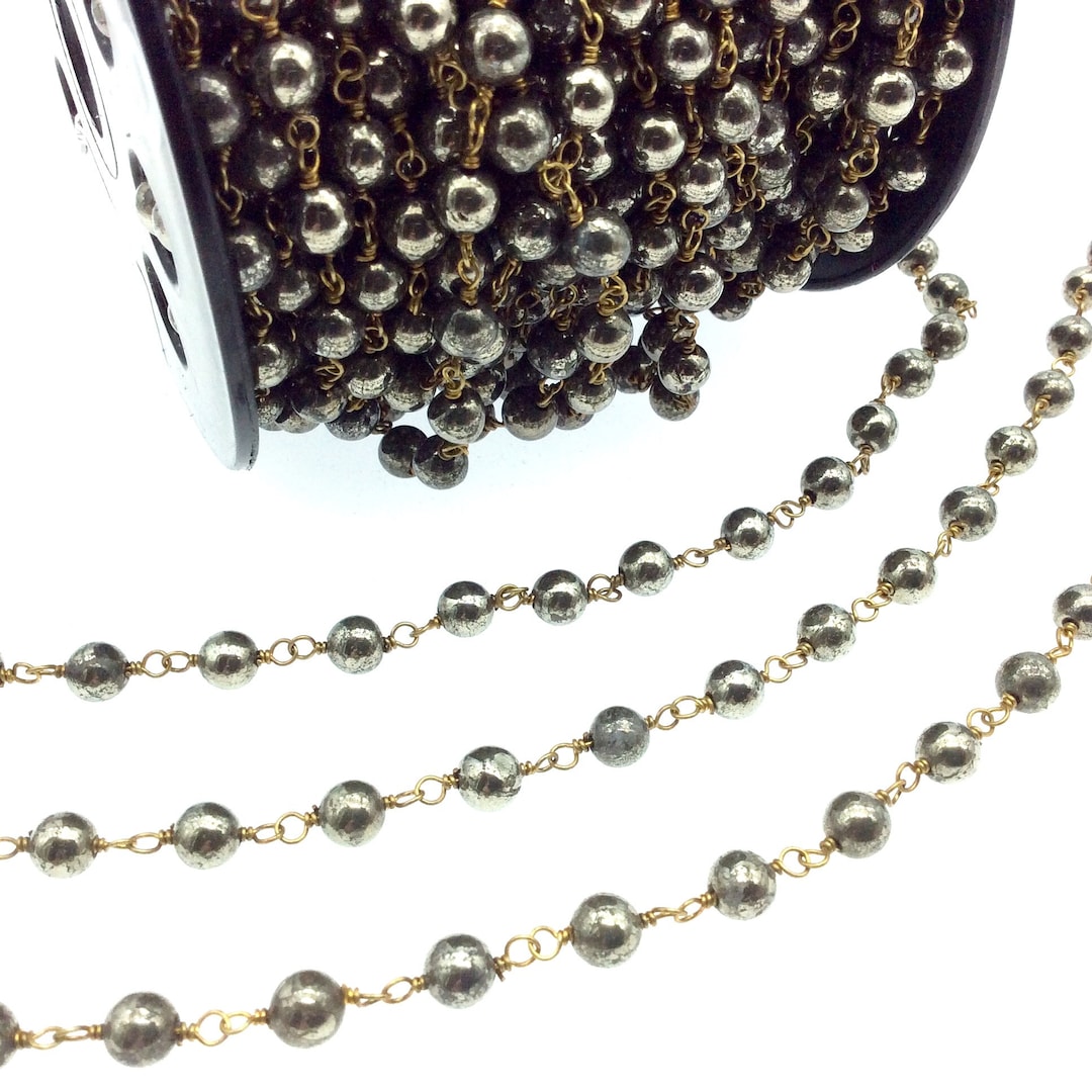 Gold Plated Copper Wrapped Rosary Chain With 6mm Smooth Natural Pyrite ...