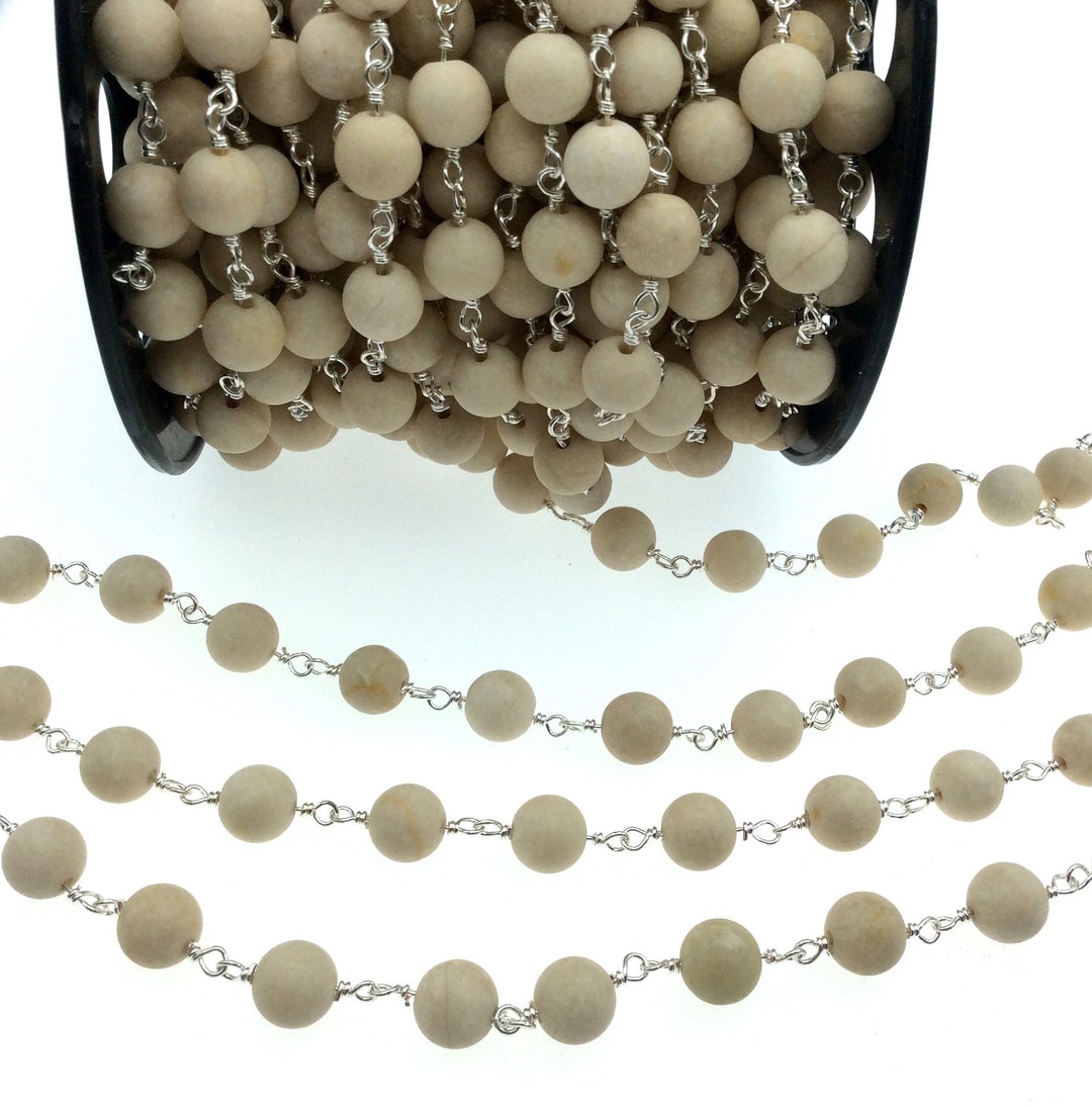Matte Riverstone Rosary Chain - 8mm Gemstone Beaded Chain With Silver ...