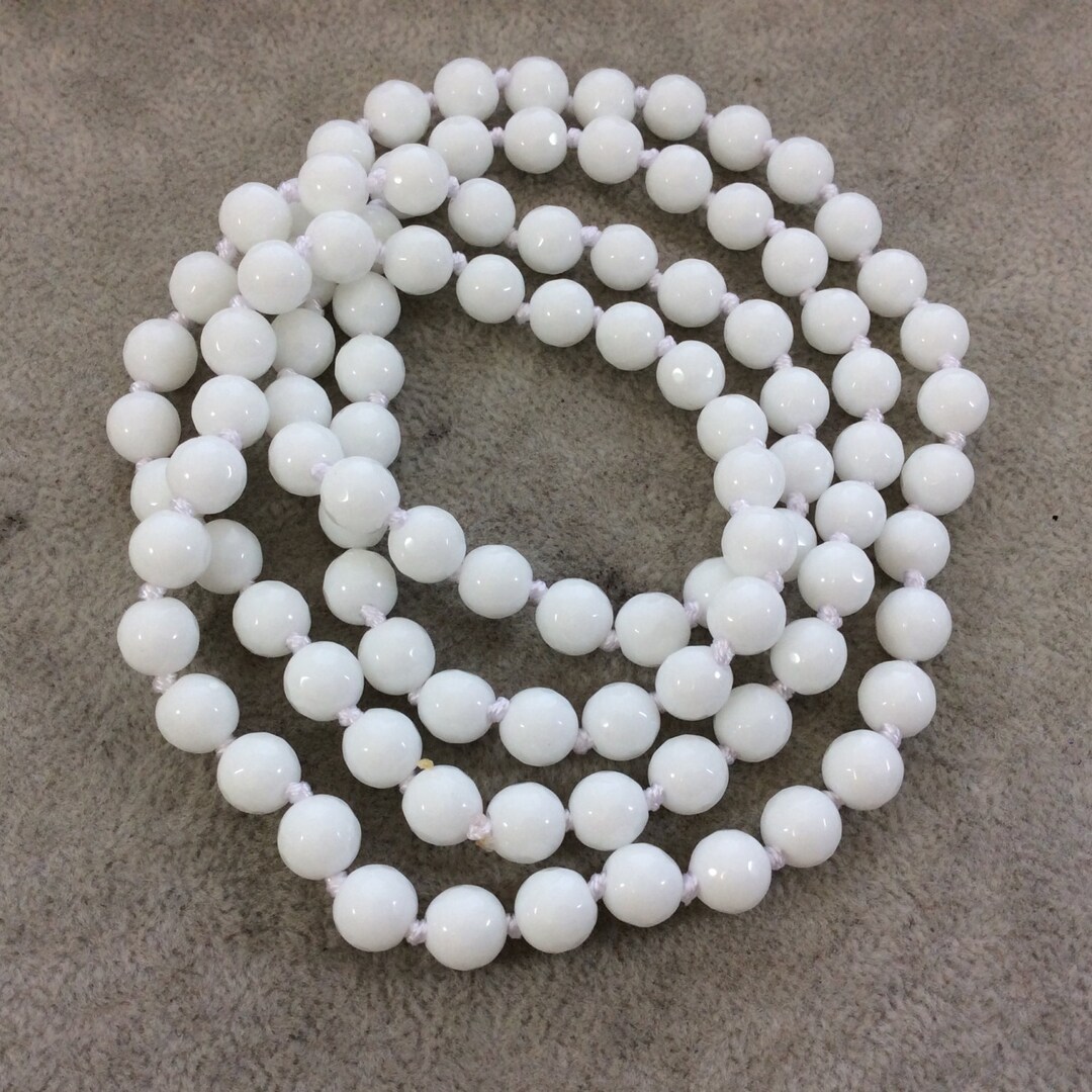 36" Hand-knotted White Thread Necklace Featuring 8mm Faceted Polished ...