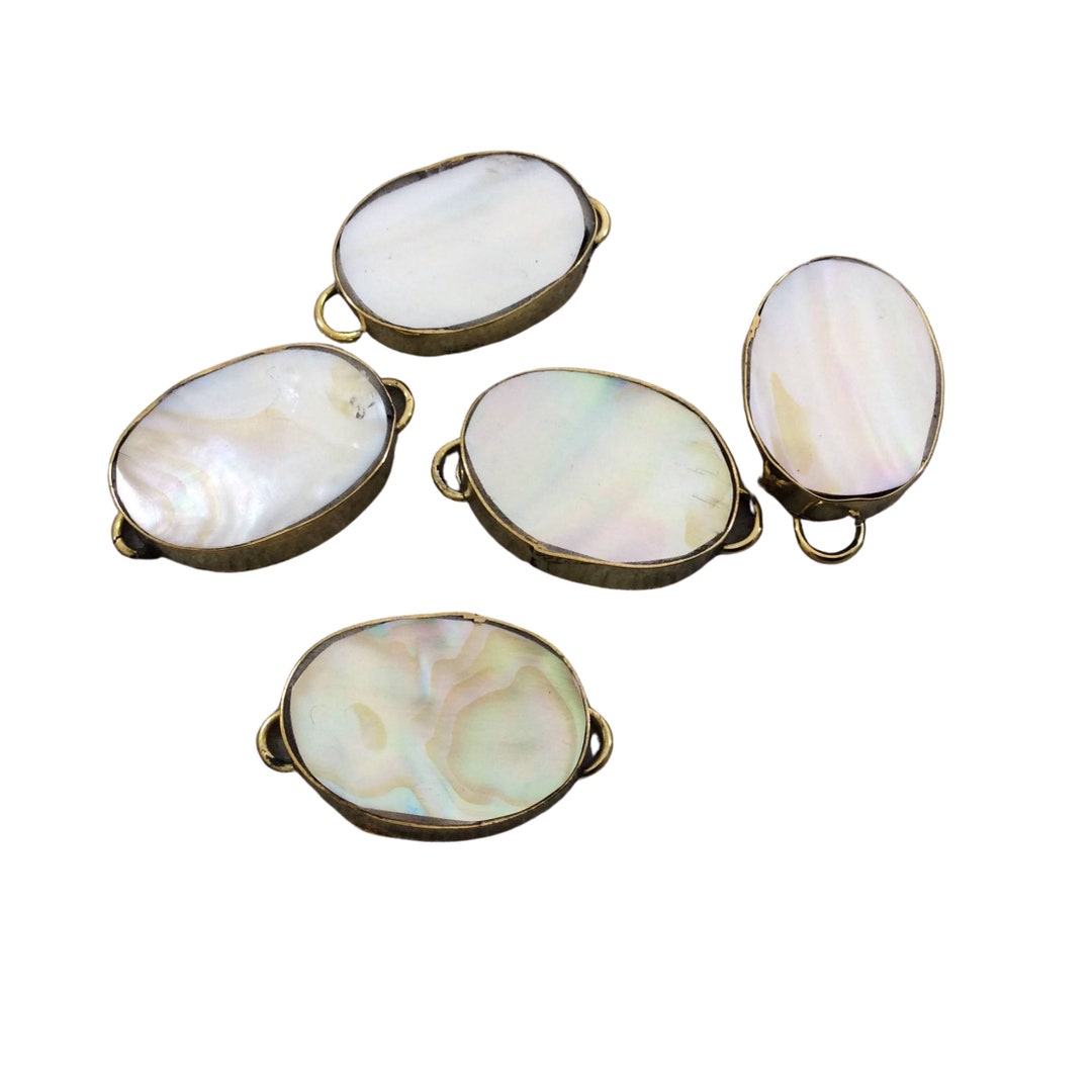 1" Iridescent White Natural Abalone Shell Fat Oval Shaped Gold Plated ...