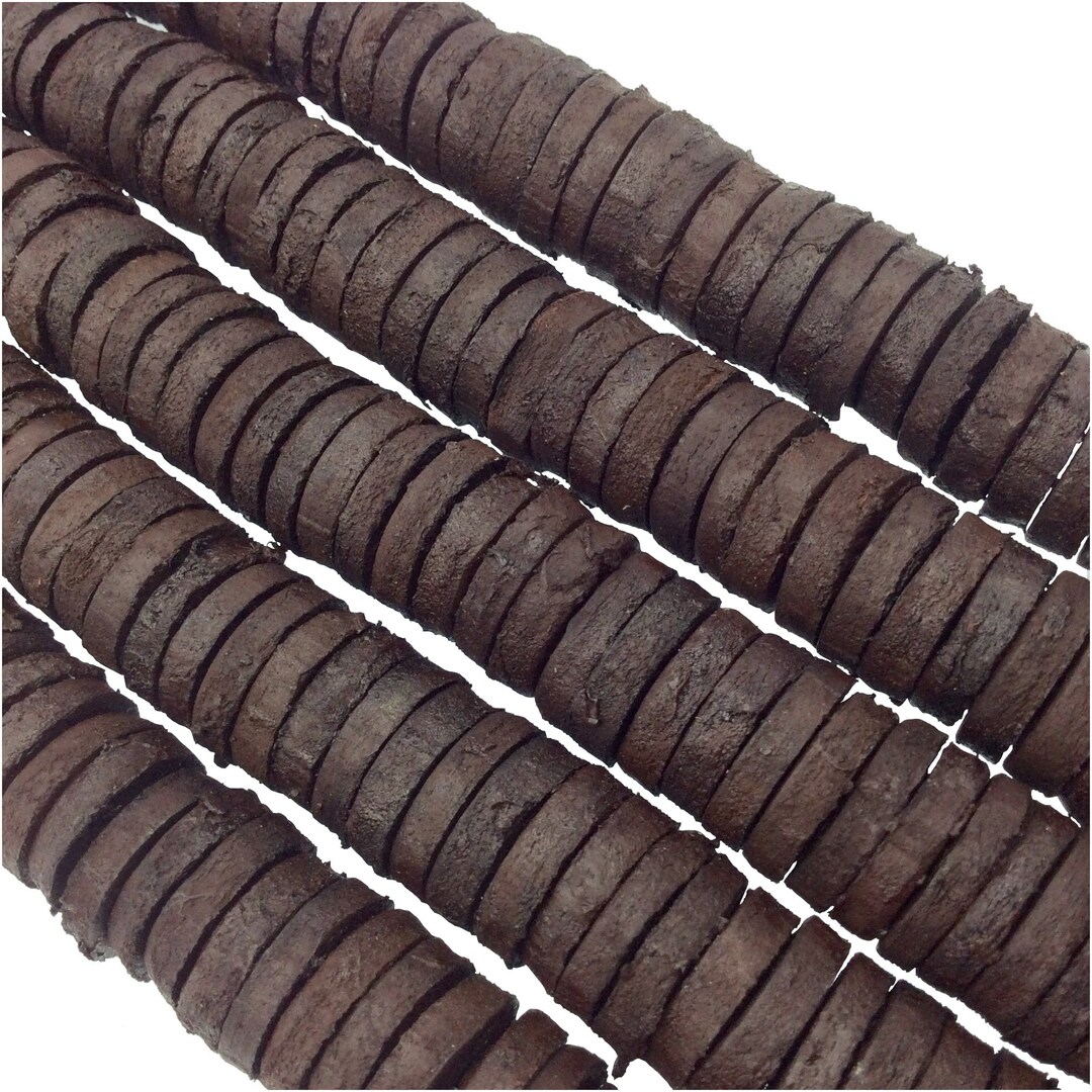 15mm Chocolate Brown Colored Rustic Leather Heishi/disc Beads With 2mm ...