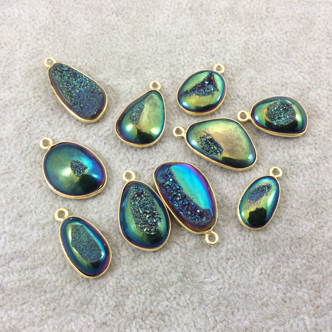 Gold Electroplated Natural Rainbow Titanium Agate Druzy Freeform Bezel ...