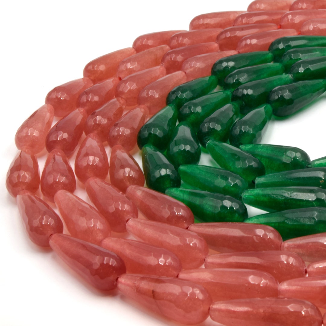 Faceted Dyed Jade Teardrop Beads: Red & Green, 12mm X 28mm (15" Strand ...